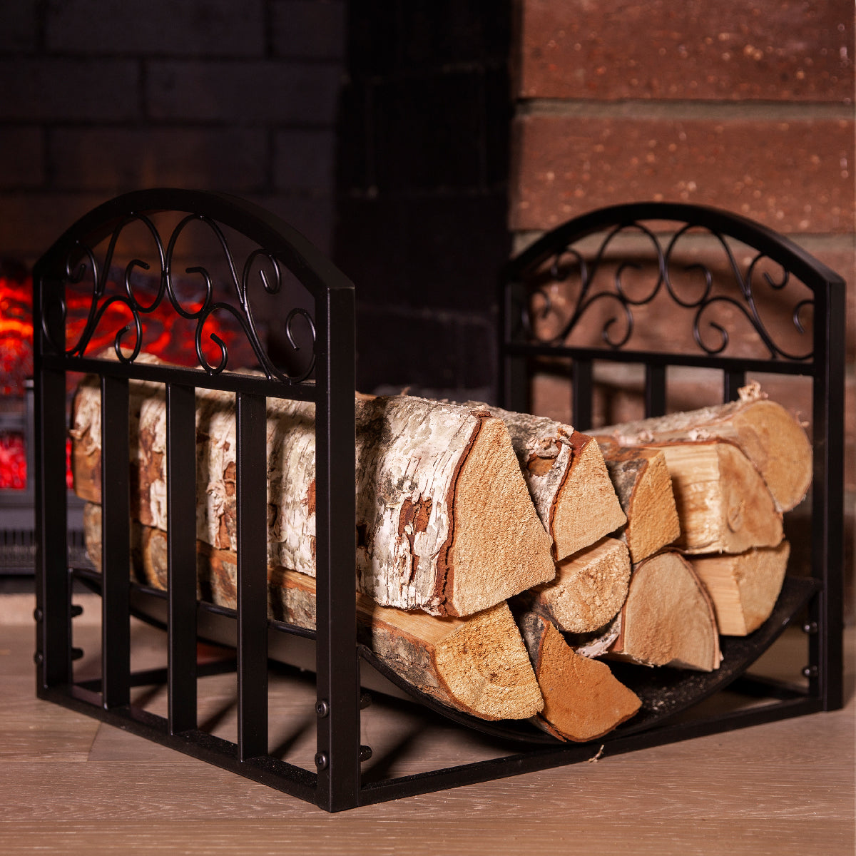 Barton 18" Wrought Iron Log Rack With Scroll Design Fireplace Firewood ...